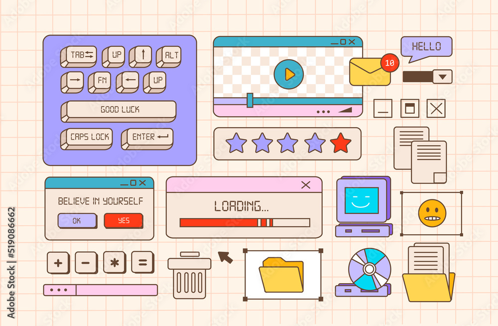 Browser windows in the vaporwave style of the 80-90s. Desktop PC with ...