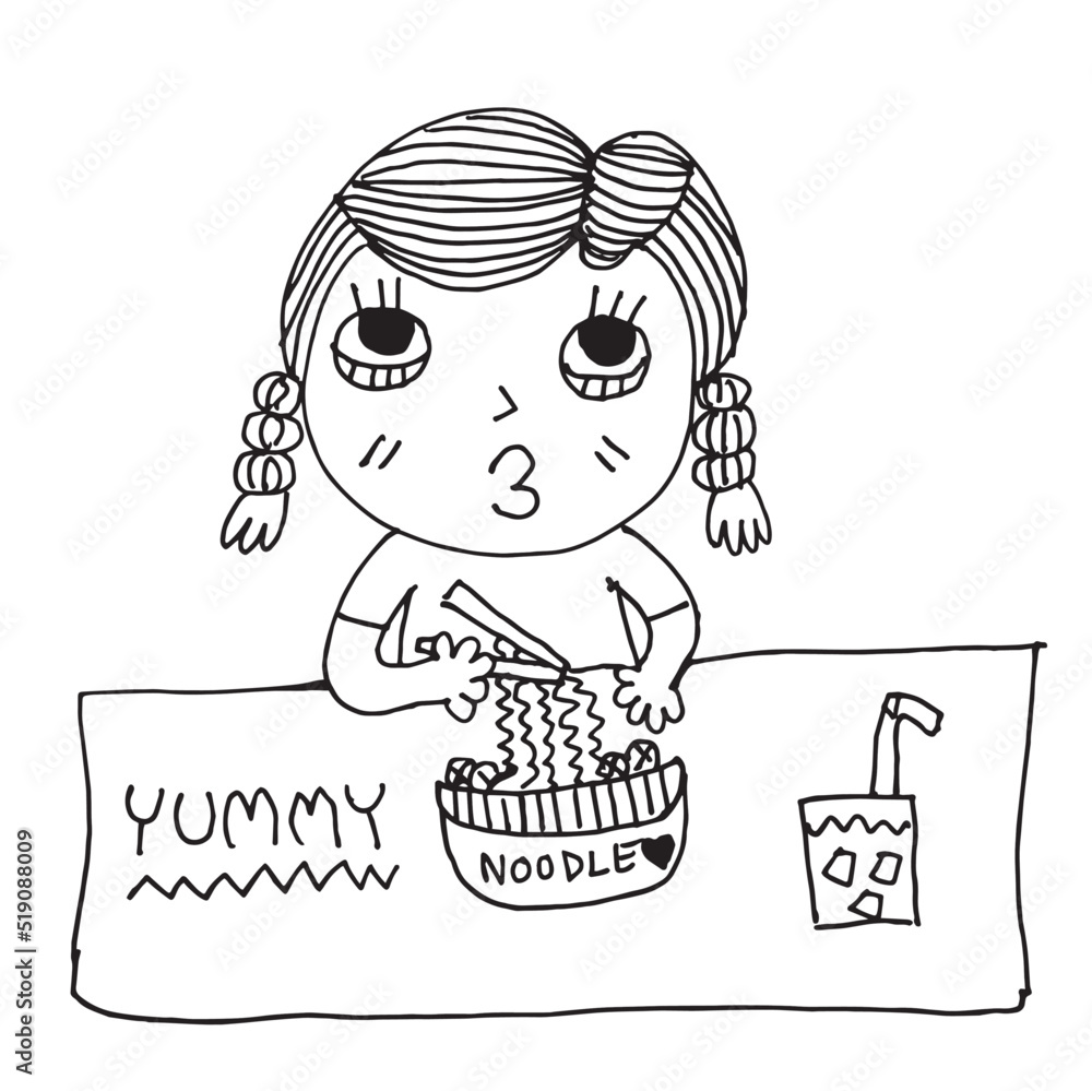 Cute girl eating noodle , cartoon doodle hand drawing Stock Vector ...