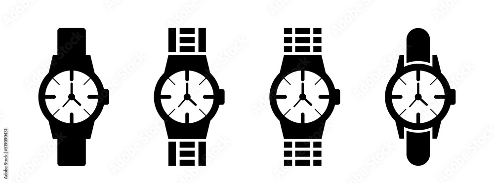 Wrist watch. Set of flat black icons isolated on transparent background ...