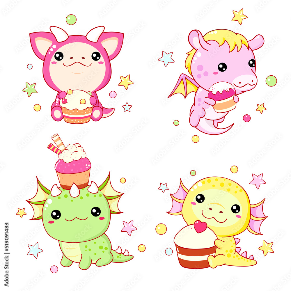Set of kawaii fairy tale characters. Little dragon with cupcake ...