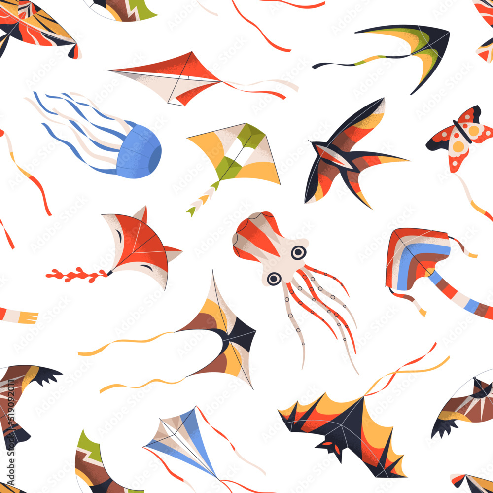 Flying kites pattern. Seamless background with sky wind toys with tails ...