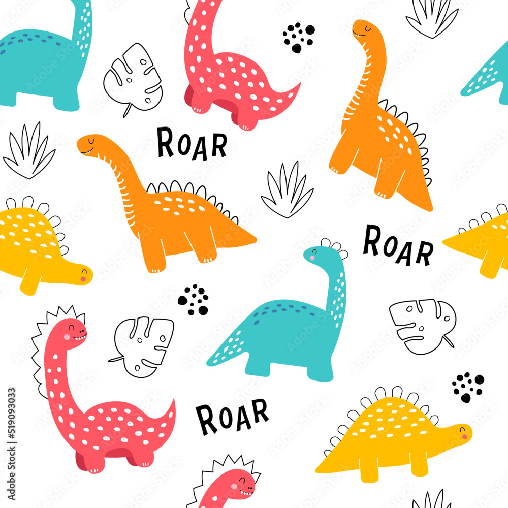Hand drawn vector pattern with dino. Seamless pattern with dinosaurs, roar lettering, tropical ...