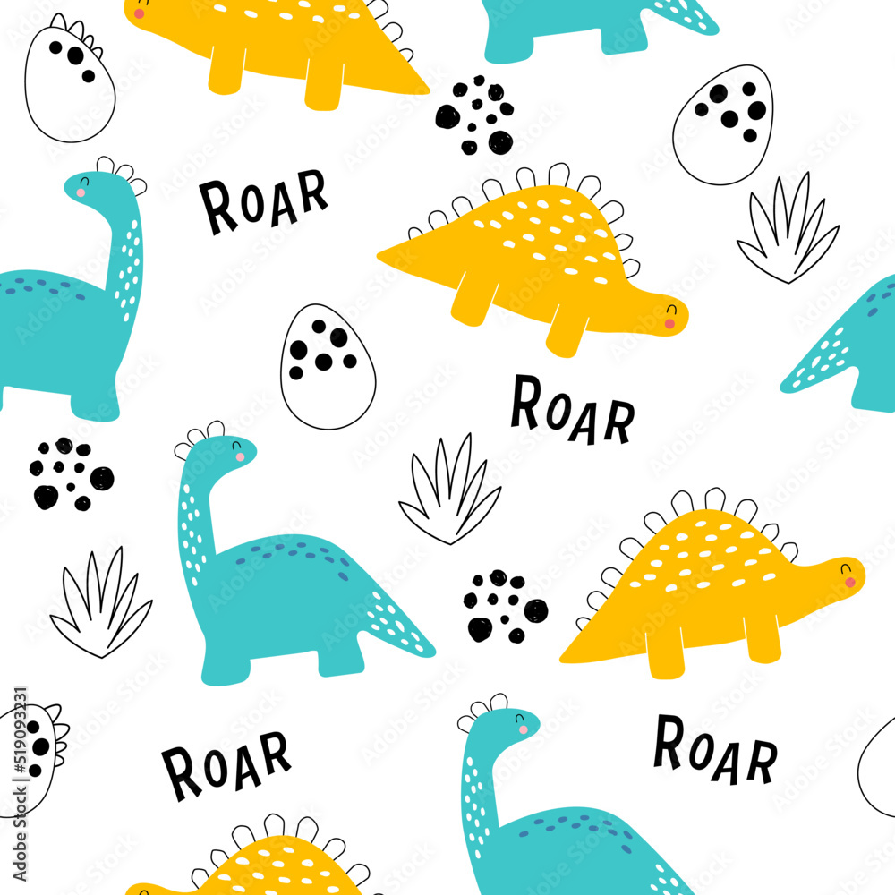 Hand drawn vector pattern with dino. Seamless pattern with dinosaurs, roar lettering, eggs and ...