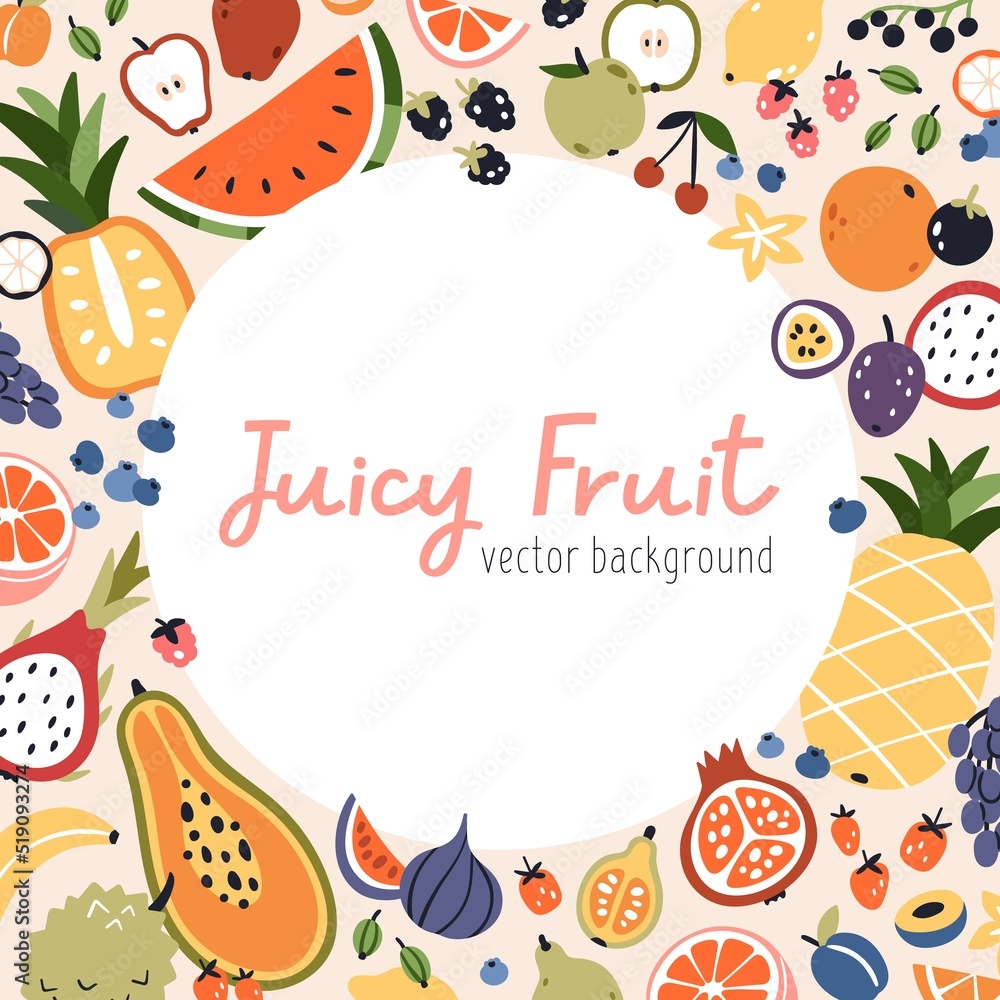 Tropical fruits and berries frame. Square card background design with ...