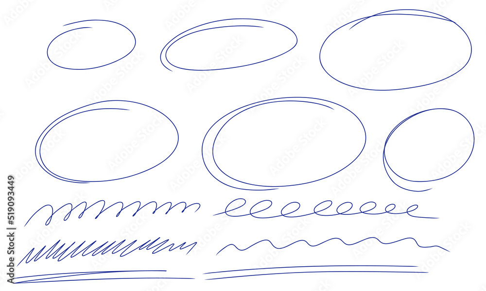 Highlighter ovals set. Marker hand drawn lines, arrows, check mark ...