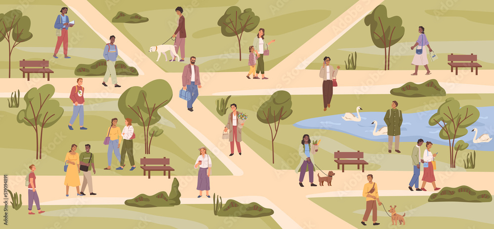People walk in park, man and woman walking on nature and spend leisure ...
