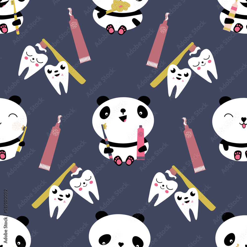 Kawaii panda kids dental health care vector educational seamless ...
