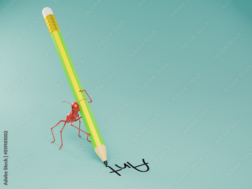 One red ant 3D model is using pencil to write the word ant in English ...