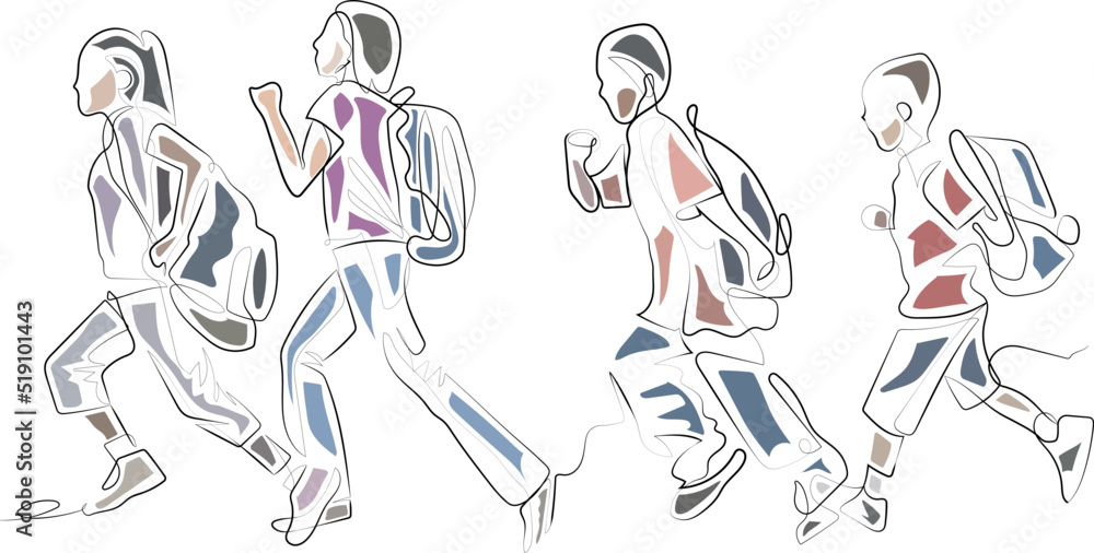 Continuous Line Art Vector: Running and going to school. Happy school ...