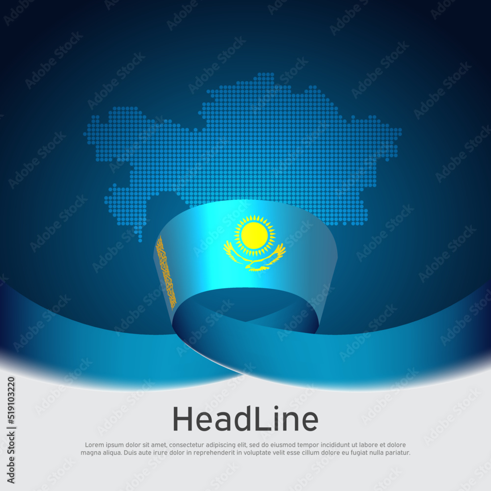 Kazakhstan flag, mosaic map on blue white background. Ribbon in color ...