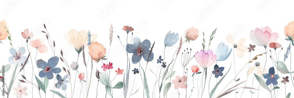 Summer meadow. Cute watercolor flowers horizontal border isolated on ...