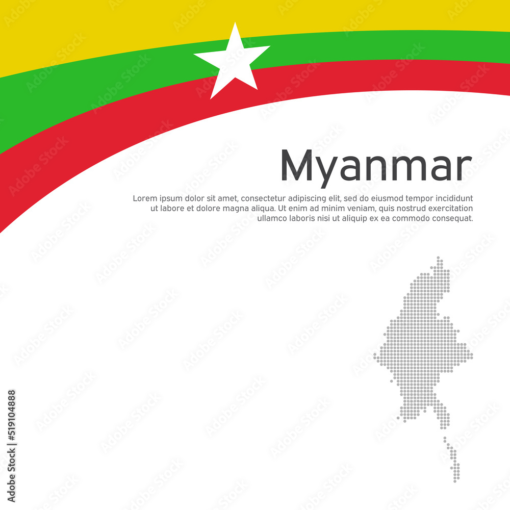 Myanmar flag, mosaic map on white background. Wavy ribbon with myanmar ...