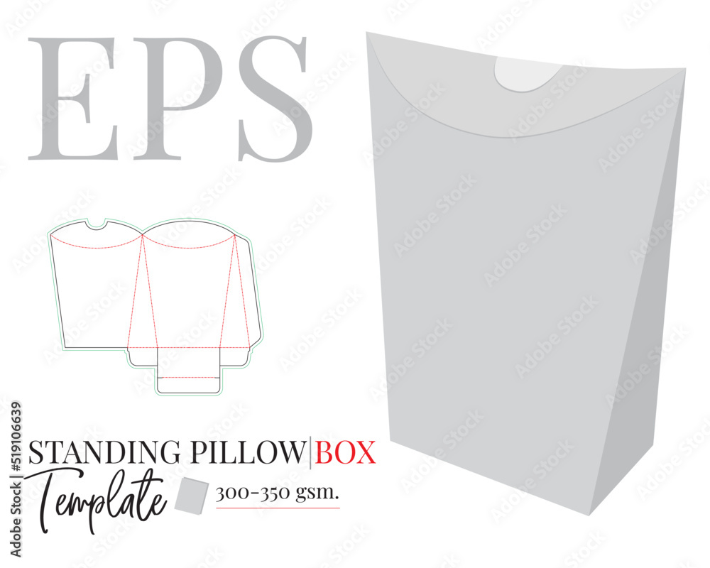 Snack pillow packaging with stenciled die cut template and 3D mockup ...