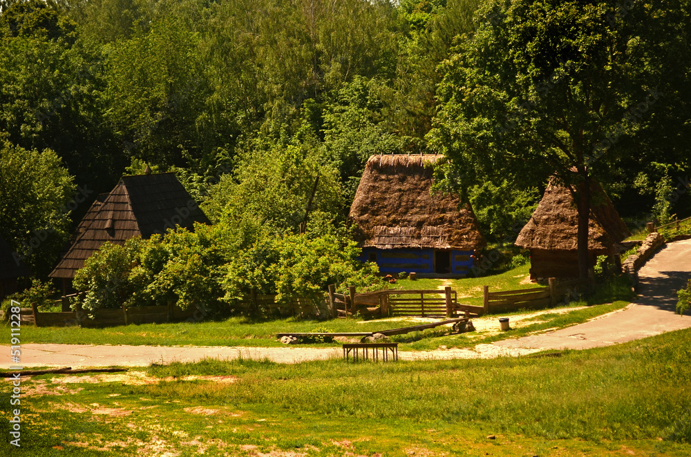 Old Ukrainian village. Rural summer landscape. Ukraine. National Museum ...