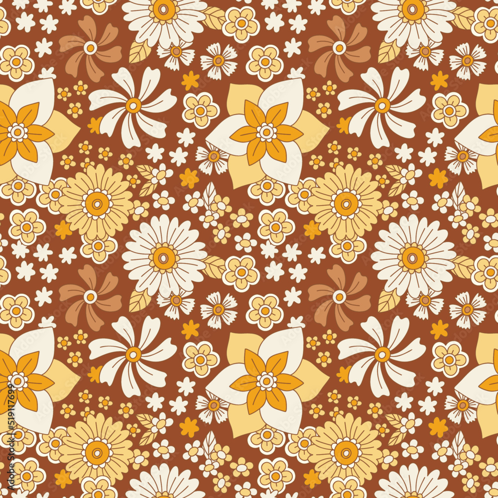 Floral vector pattern in 80s, 70s style. Seamless retro pattern with ...