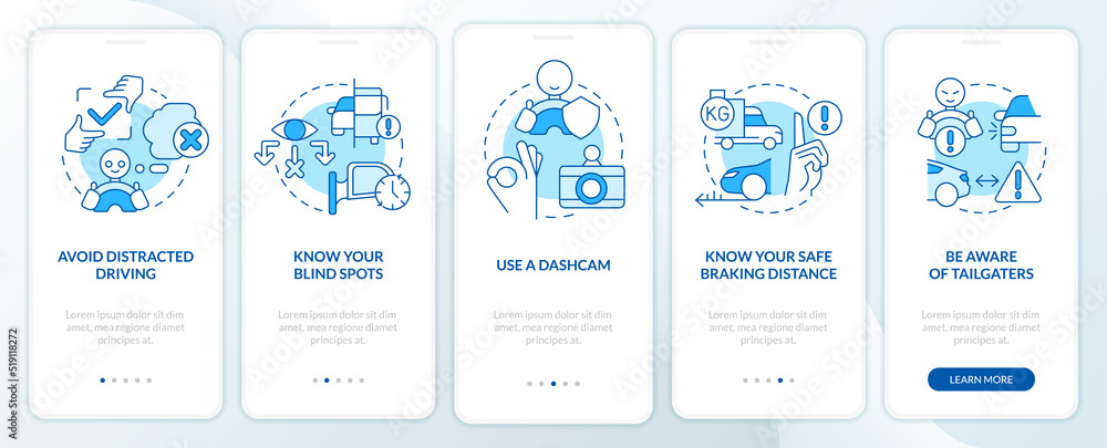Driving safety rules for commercial drivers blue onboarding mobile app ...
