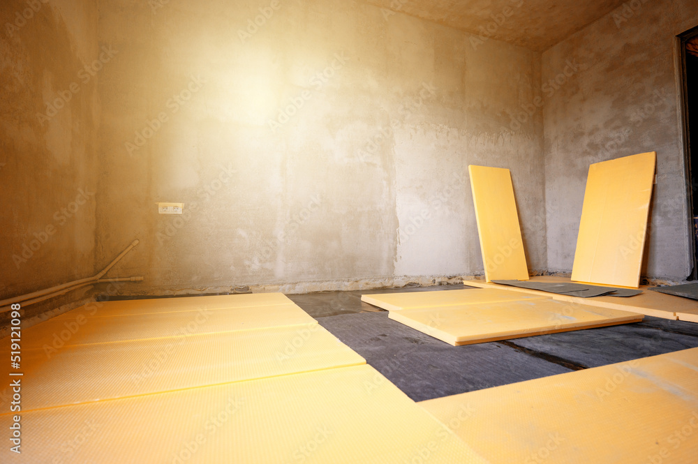 Installation of expanded polystyrene for floor insulation, expanded ...