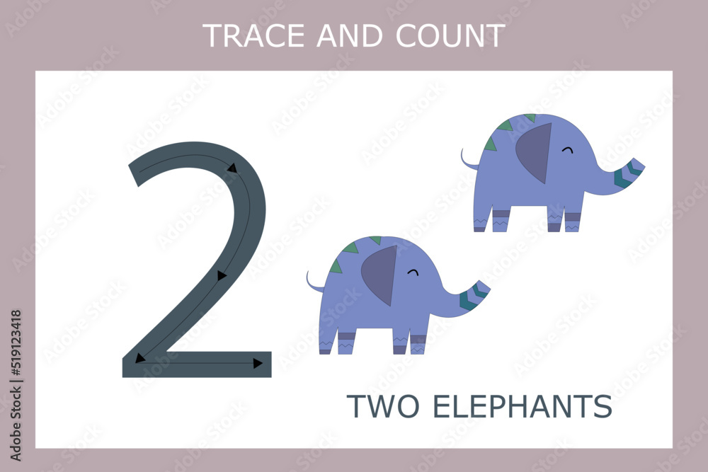 Number two stroke worksheet with elephants for fine motor skills kids ...