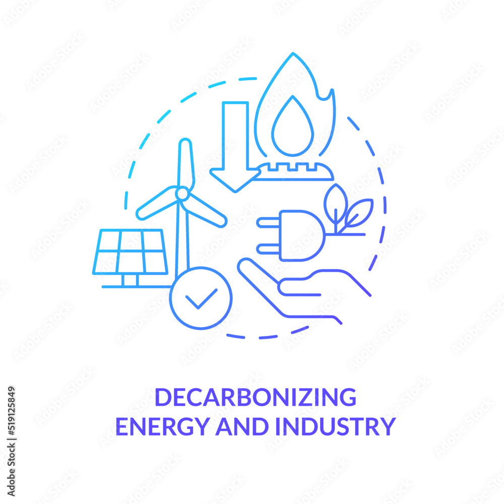 Decarbonizing energy and industry blue gradient concept icon. Renewable sources. Global net zero ...