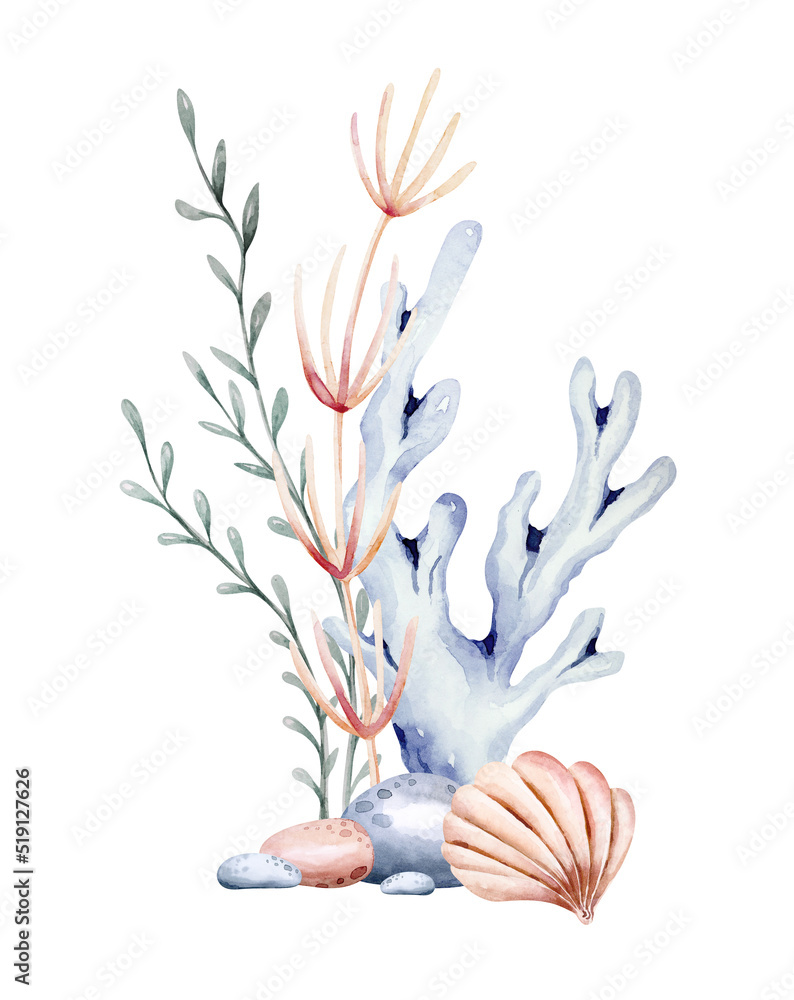 sea animals composition. Blue watercolor ocean fish, turtle, whale and ...