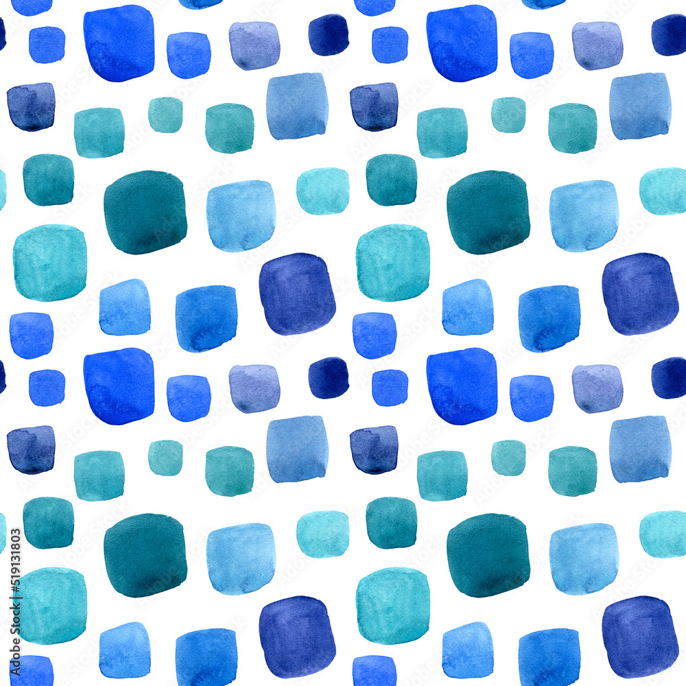 Watercolor seamless pattern with blue and green squares on white ...