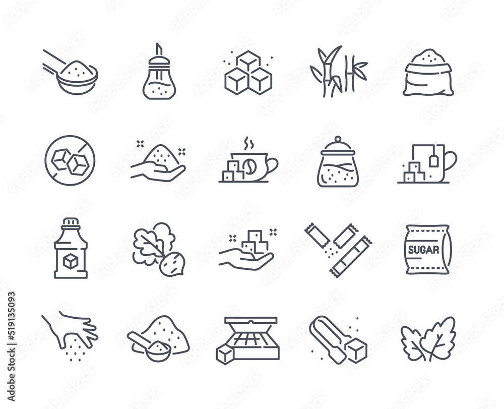 Set of Sugar Thin Line Icons. Sugar cubes, sugar cane, syrup and ...