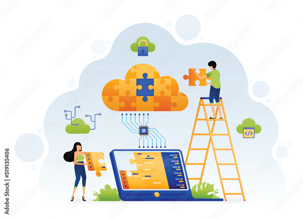 Illustration of people solve problems on tech cloud systems with ...