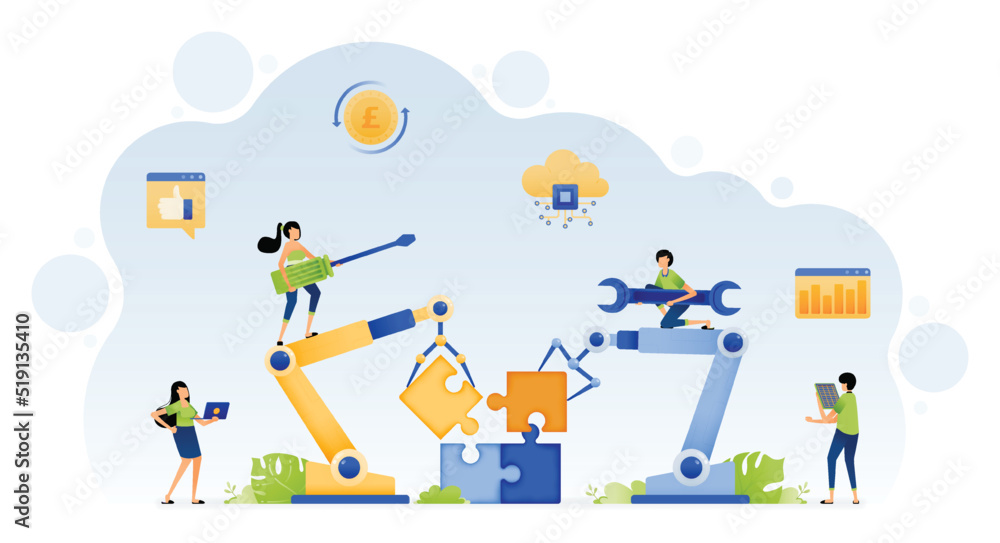 Vetor de Illustration of people make artificial intelligence tech with ...