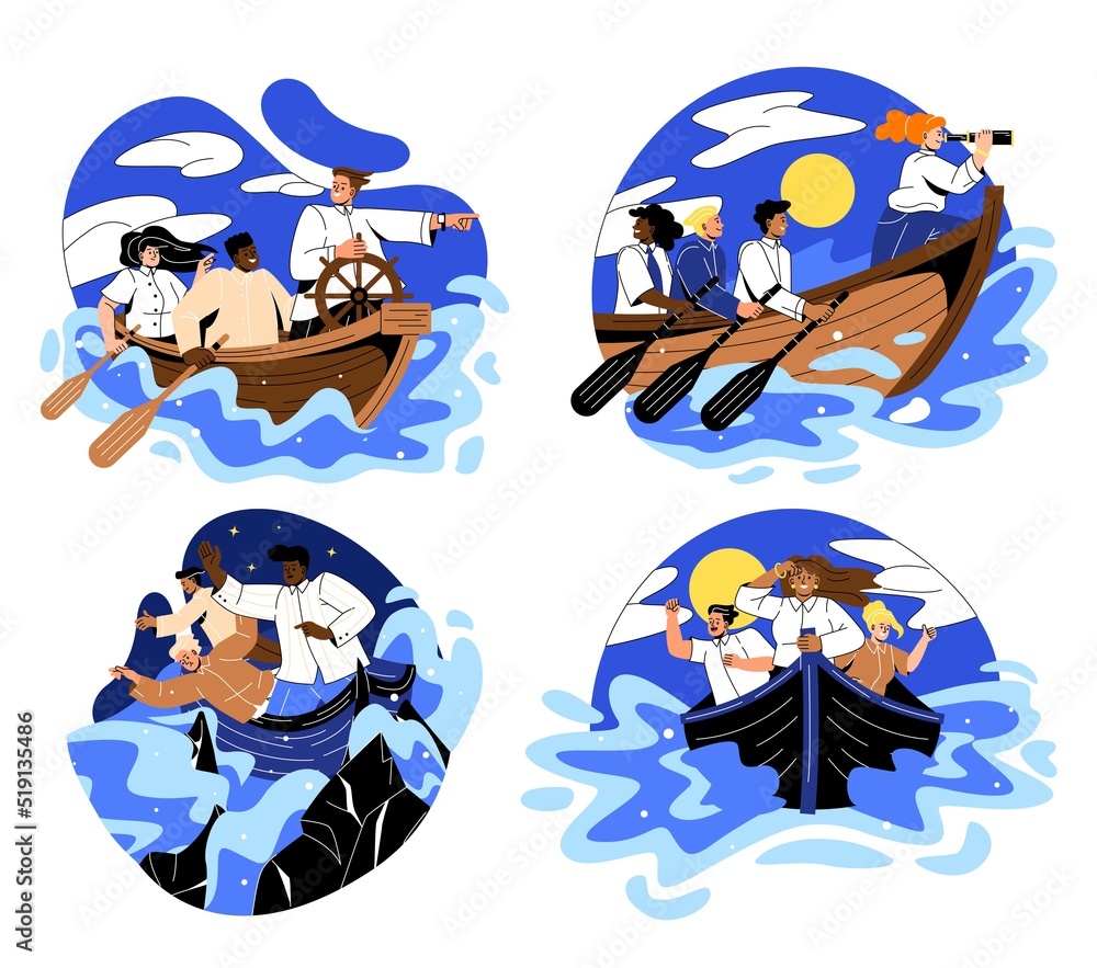 Team management concept. Set of good and bad leaders sailing on boat ...