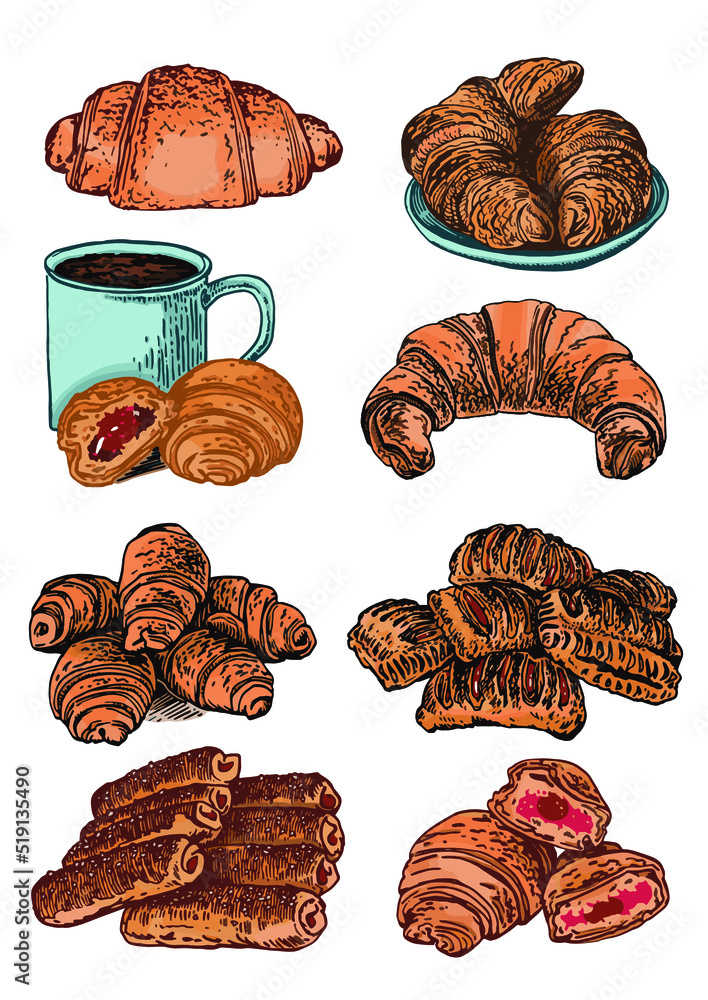 Vector color big set of croissants on white isolated, bakery elements ...