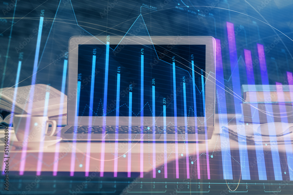 Forex market chart hologram and personal computer background. Multi ...