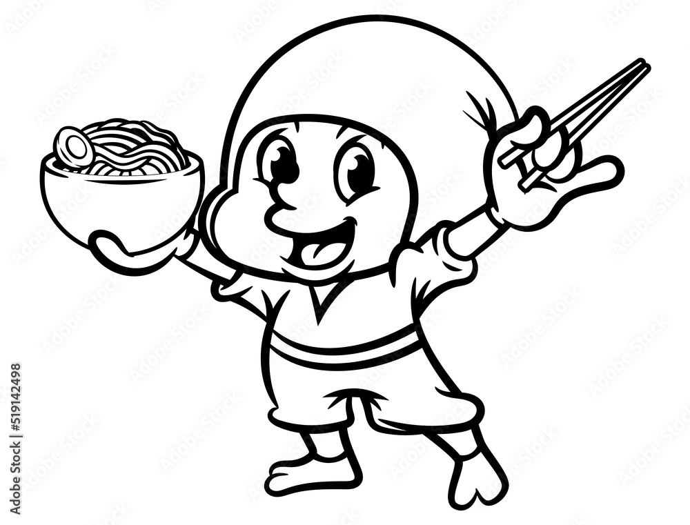 Cartoon illustration of Funny Ninja Warrior holding a bowl of Ramen ...