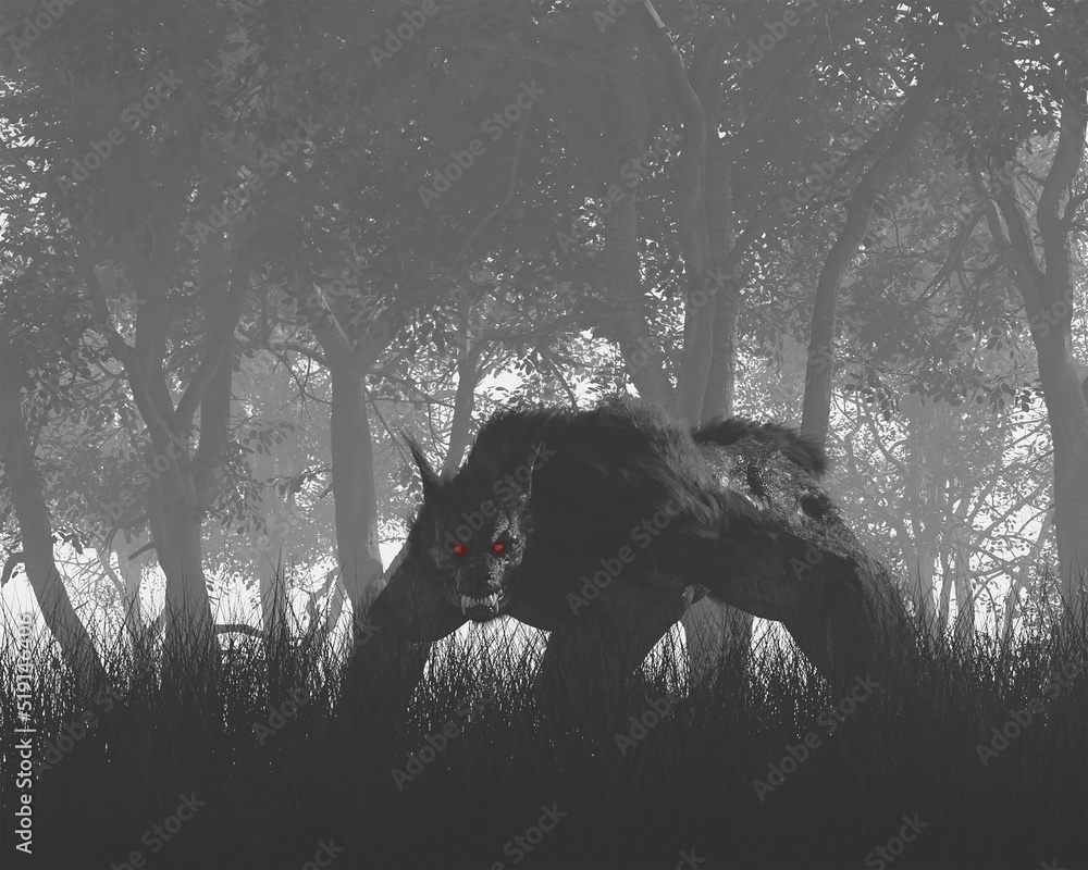 3d illustration in black and white of a Werewolf Dogman cryptid on all ...