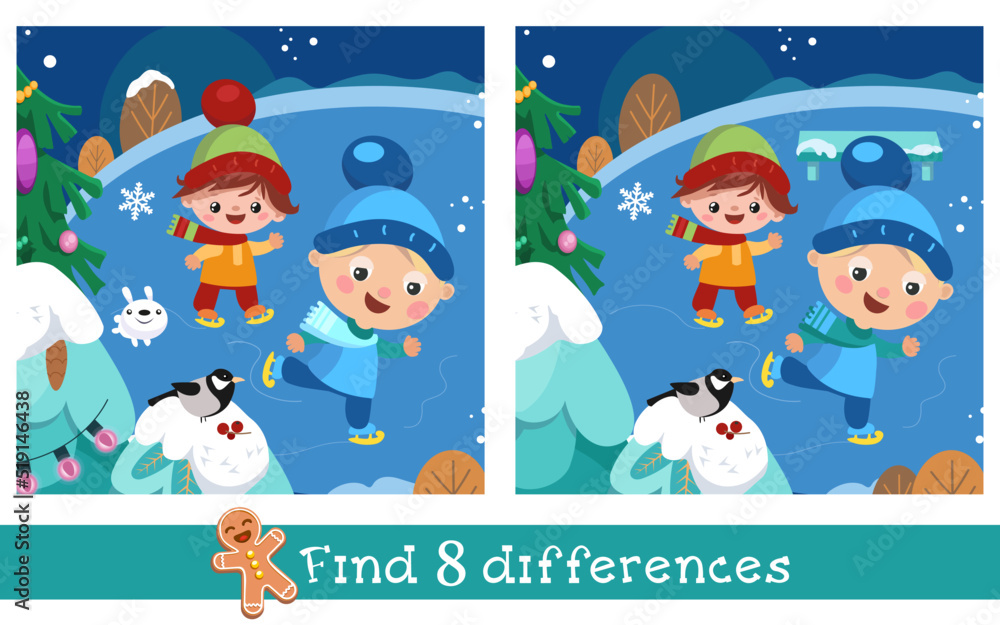 Find 8 differences. Game for children. Cute kids on forest skating rink ...