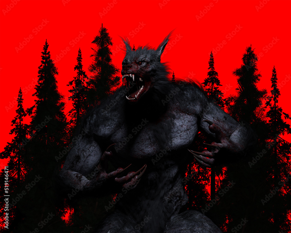 3d illustration of a Werewolf Dogman cryptid roaring against a red sky ...