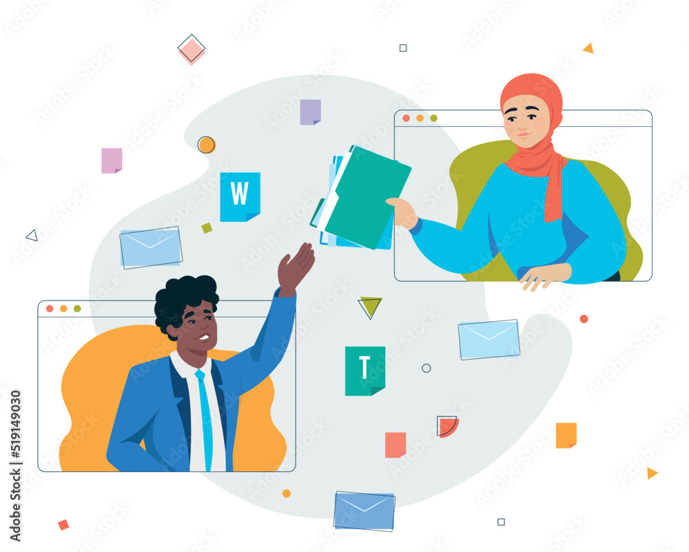 People send file and folders. Woman give documand trouth data base ...