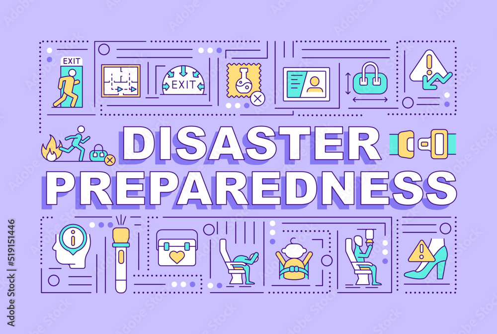 Disaster preparedness word concepts purple banner. Potential hazards ...