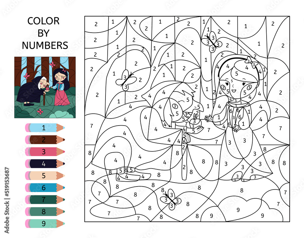 Color by numbers. Educational game with Snow White and witch. Puzzle ...