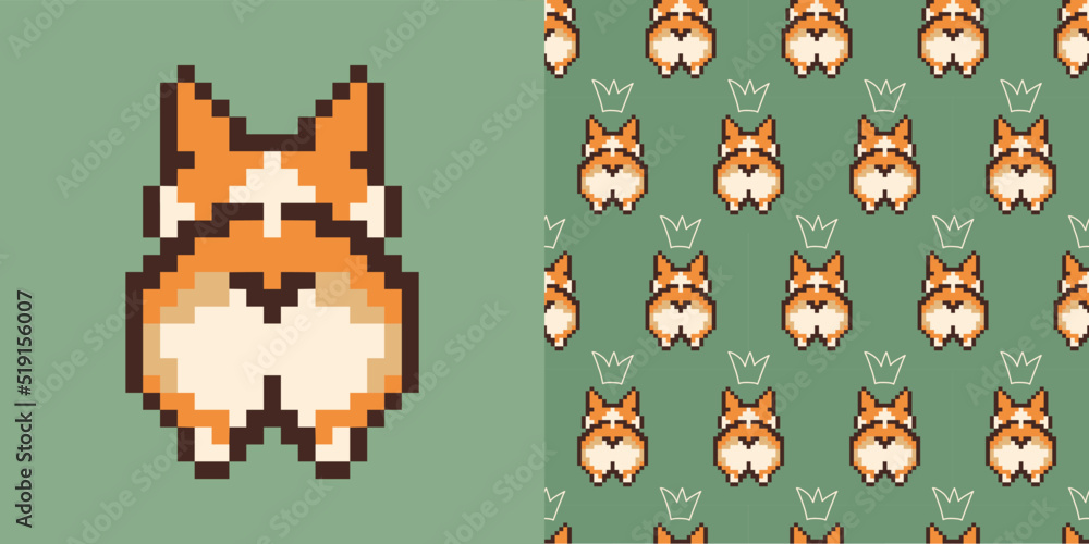 Cute corgi butt in seamless pattern. 8 bit pixel cartoon character ...