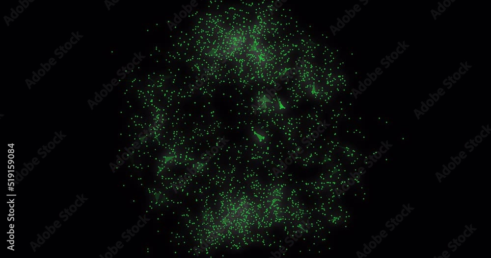 Green round sphere circle, from lines of dots and triangles, breaks up ...