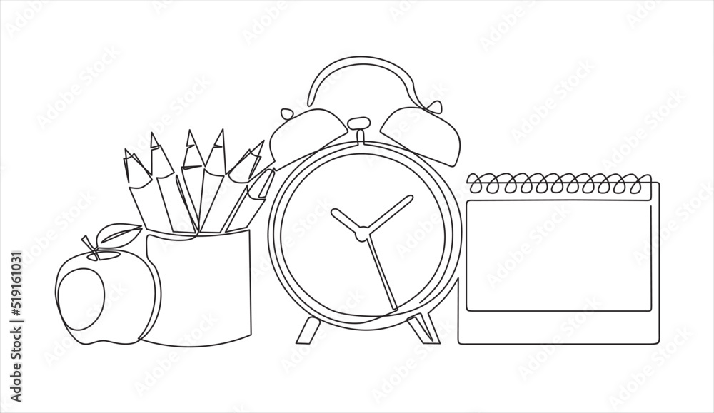 One continuous line drawing of pencil case, alarm clocks, apple and ...