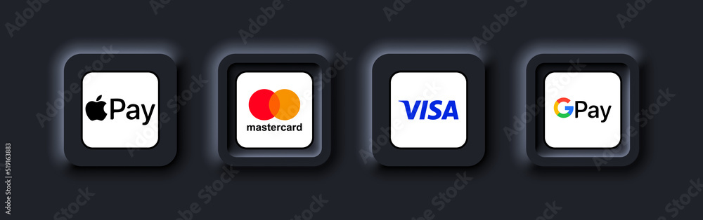 Payment set icon. Mastercard, Visa, Apple pay, Google pay, contactless ...