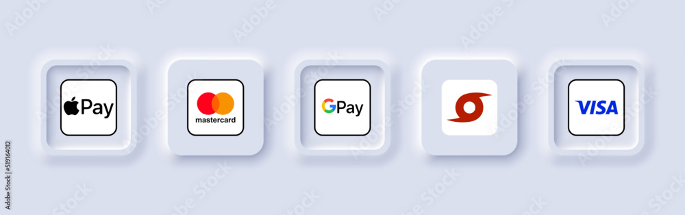 Payment set icon. Mastercard, Visa, Apple pay, Google pay, contactless payment, origin, bank ...