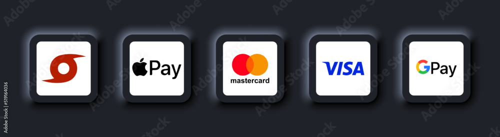 Payment set icon. Mastercard, Visa, Apple pay, Google pay, contactless payment, origin, bank ...