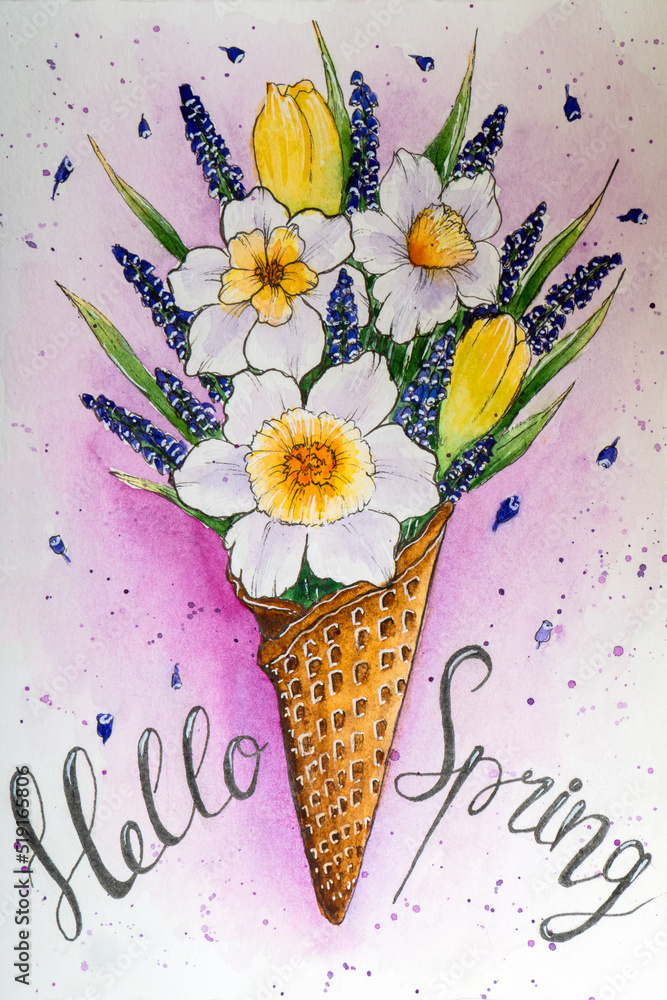 Bouquet of spring flowers. Watercolor drawing. Stock Illustration ...