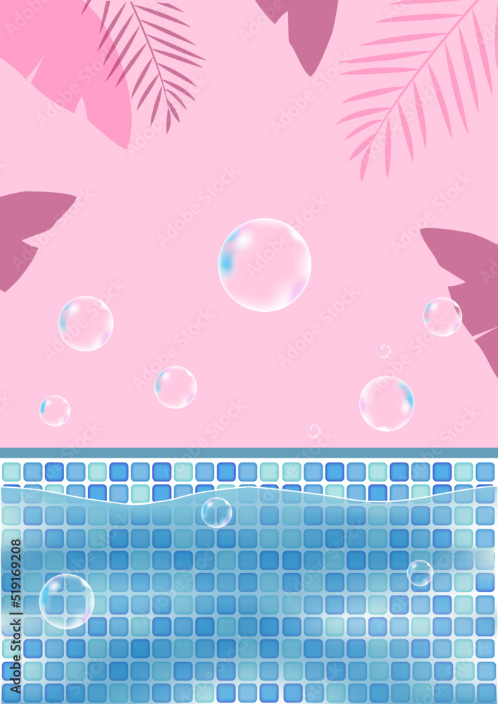 Summer pool party background with leaves and bubbles. Vector ...