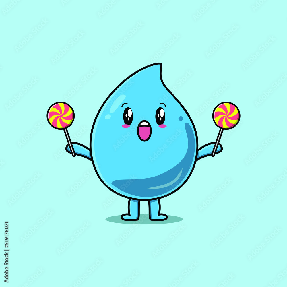 Cute cartoon water drop character holding lollipop candy in flat ...