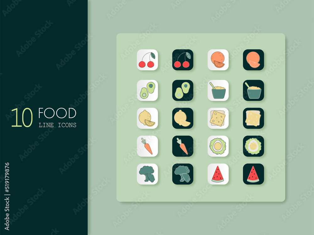 Set of 20 icons for black and white background on the theme of healthy ...