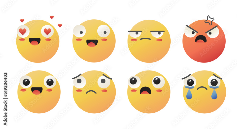 Set with cute Kawaii emotion face icons with different feelings, happy, anger, tears, love ...