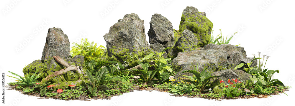 Cutout mossy rock surrounded by vegetation in the forest. Ancient ...